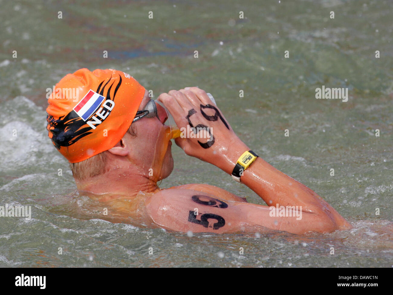 Dutch swimmer Maarten van der Weijden drinks during the Men's Open ...