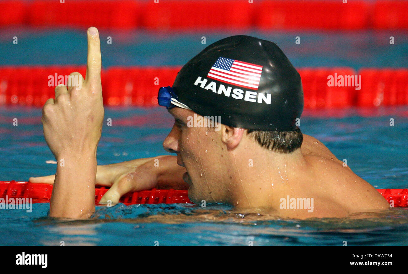 US swimmer Brendan Hansen cheers winning the Men's 100m Breaststroke of ...