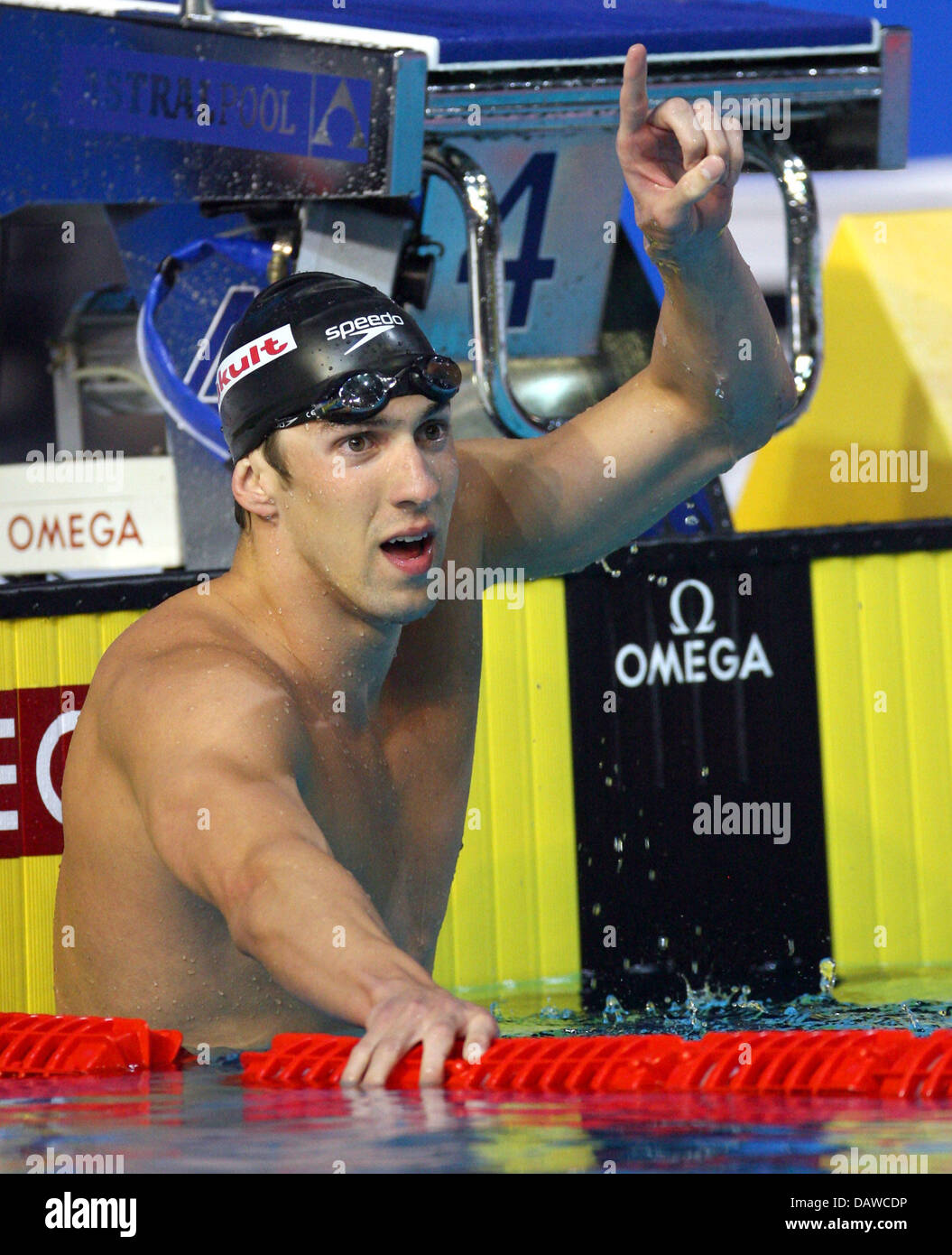 US-American swimmer Michael Phelps cheers after winning the men's 200m ...
