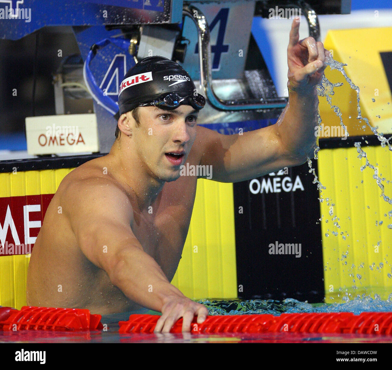 US-American swimmer Michael Phelps cheers after winning the men's 200m ...