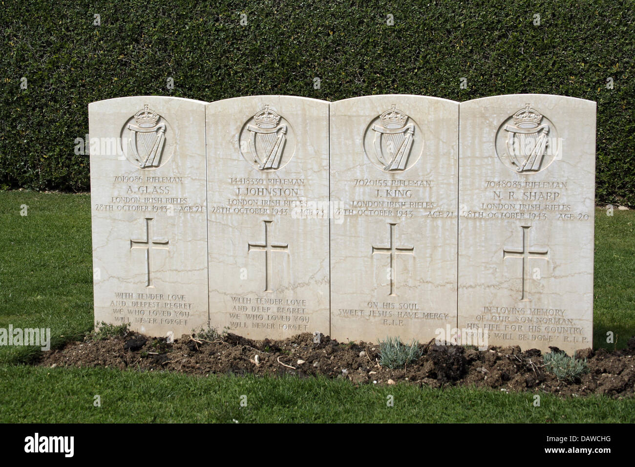 The photo shows four grave stones of Irish soldiers at the Moro River ...