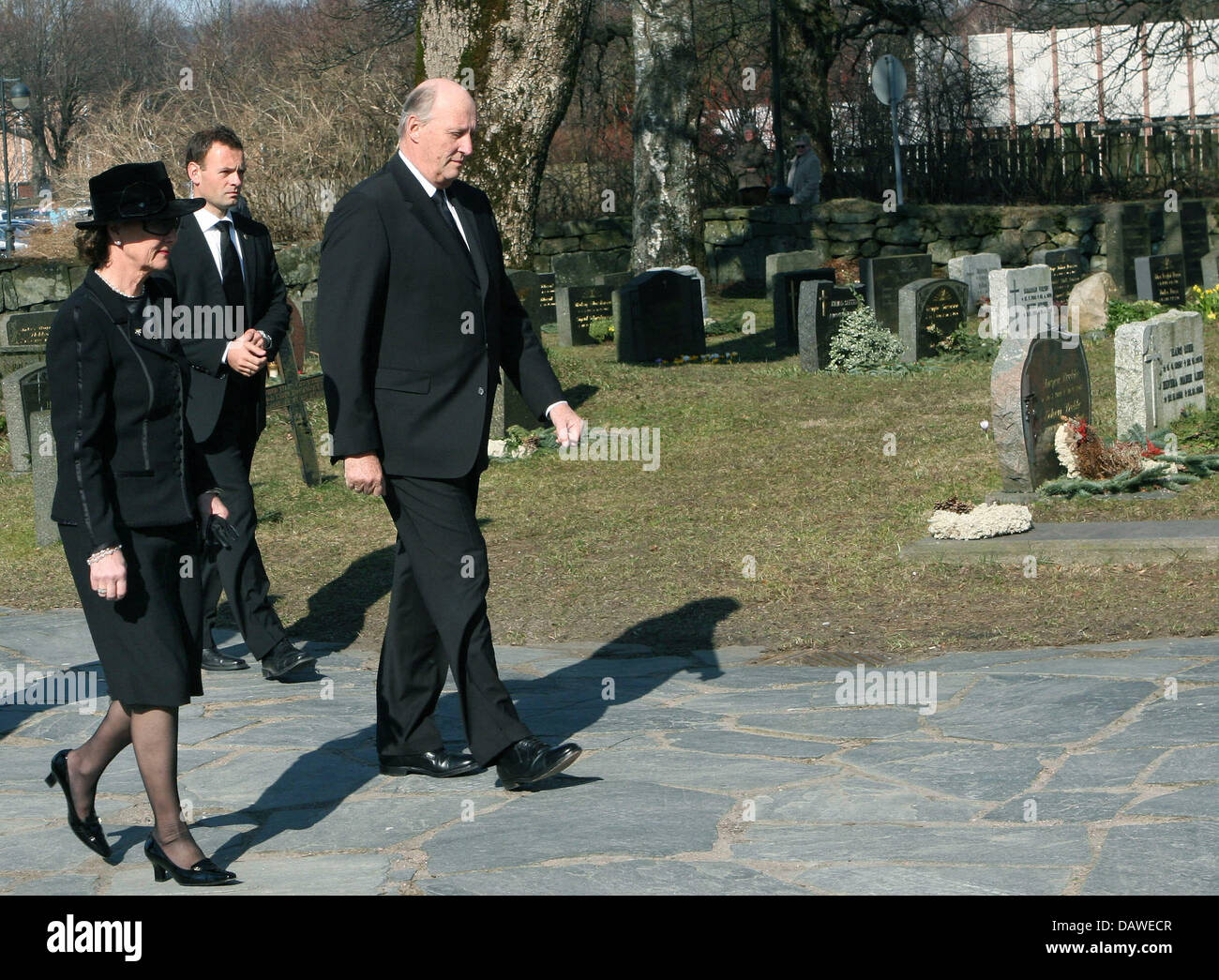 Queen Sonja (L) and King Harald of Norway (R) arrive to the funeral of ...