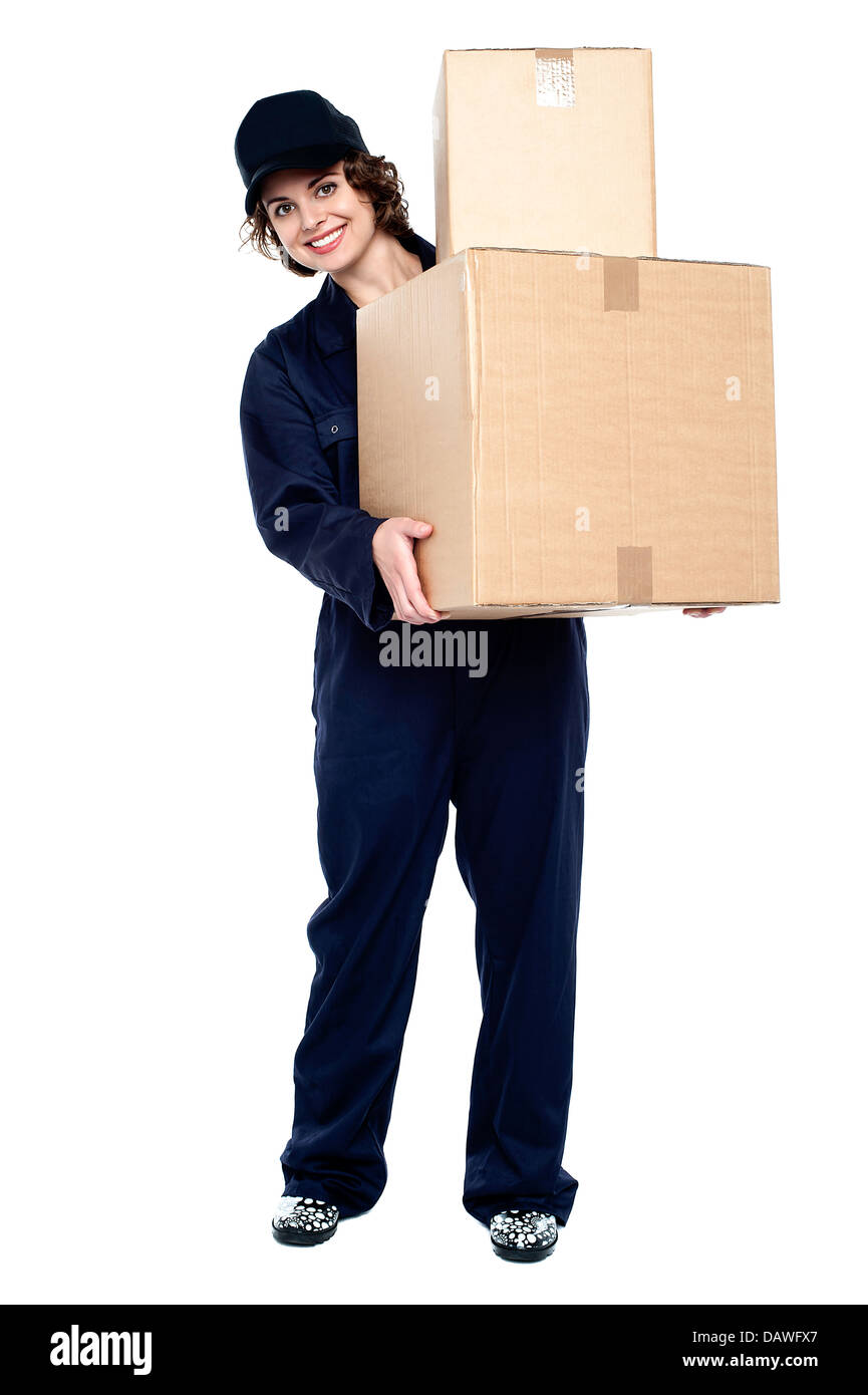 Mail woman delivering parcel Stock Photo - Alamy