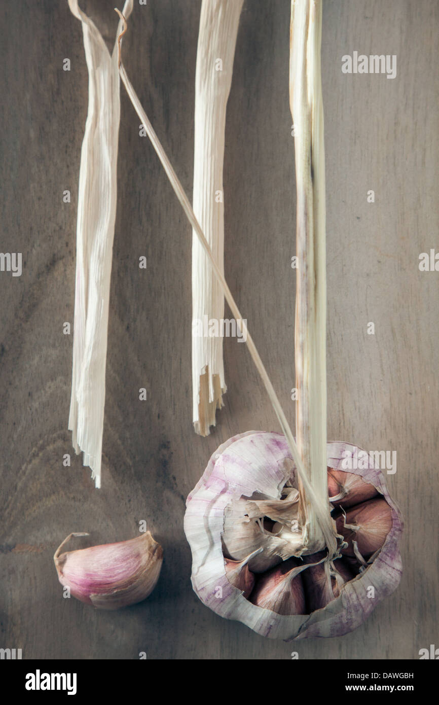 Still life with garlic bulb and clove on bleached wooden chopping board ...