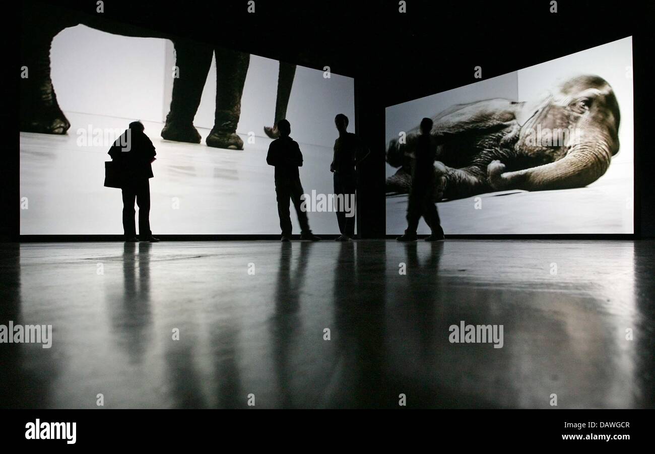 Visitors observe video installations at the exhibition 'Douglas Gordon ...