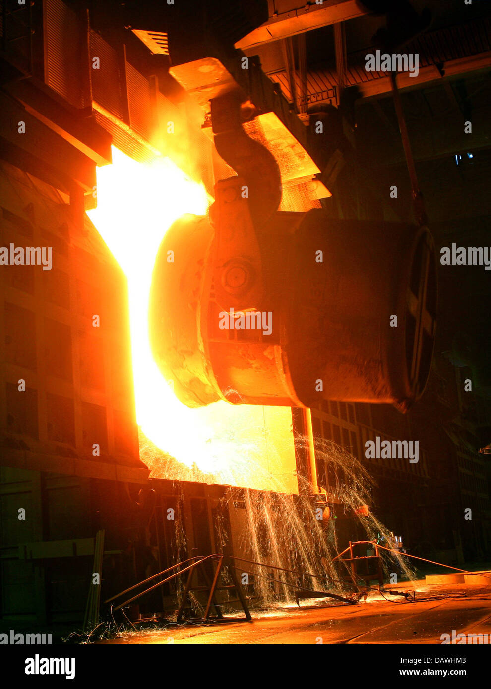 Liquid pig iron is refined with oxygen at the ThyssenKrupp plant in ...