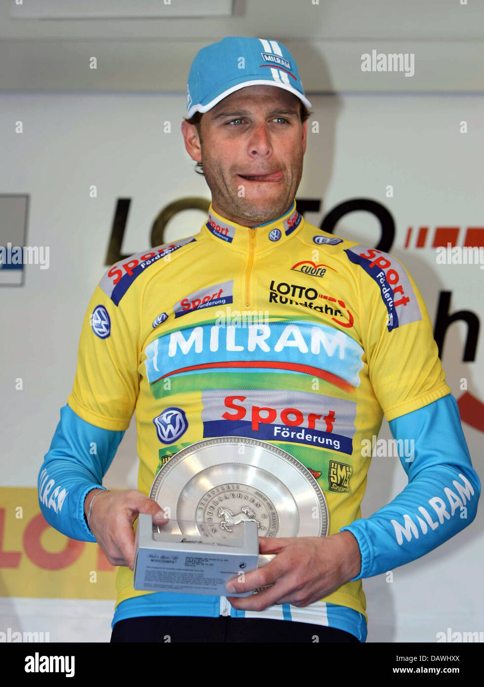 Italian winner Alessandro Petacchi stands on the podium after the 31st ...