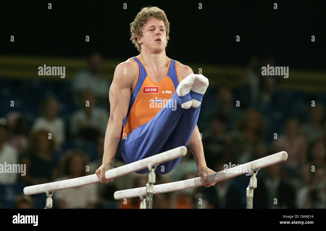 Dutch gymnast Epke Zonderland shown in action during the parallel bars ...