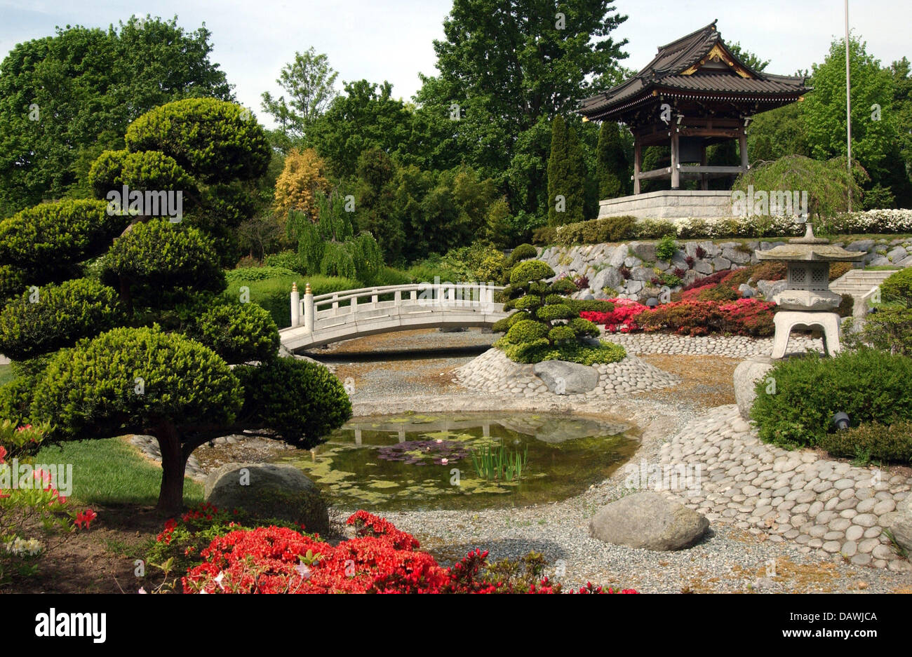 The Japanese shin Buddhist EKO temple with its surrounding gardens is ...