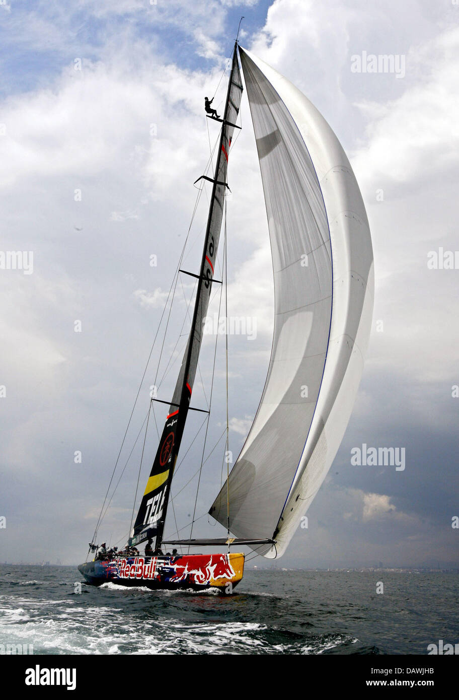 Swedish yacht Victory Challenge shown in the water ahead of Round Robin ...