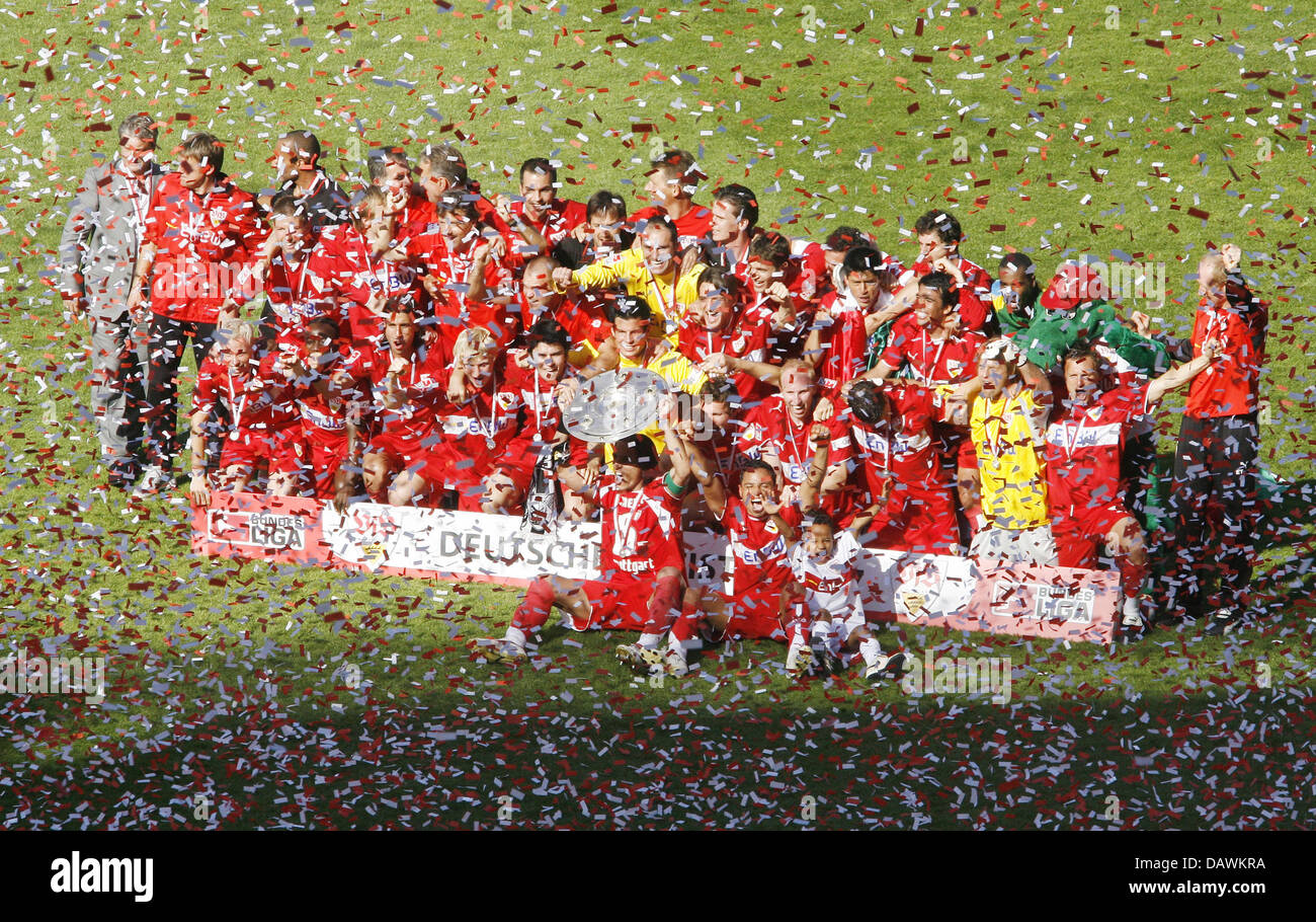 VfB Stuttgart players pose for a photo after the team's 2-1 victory ...
