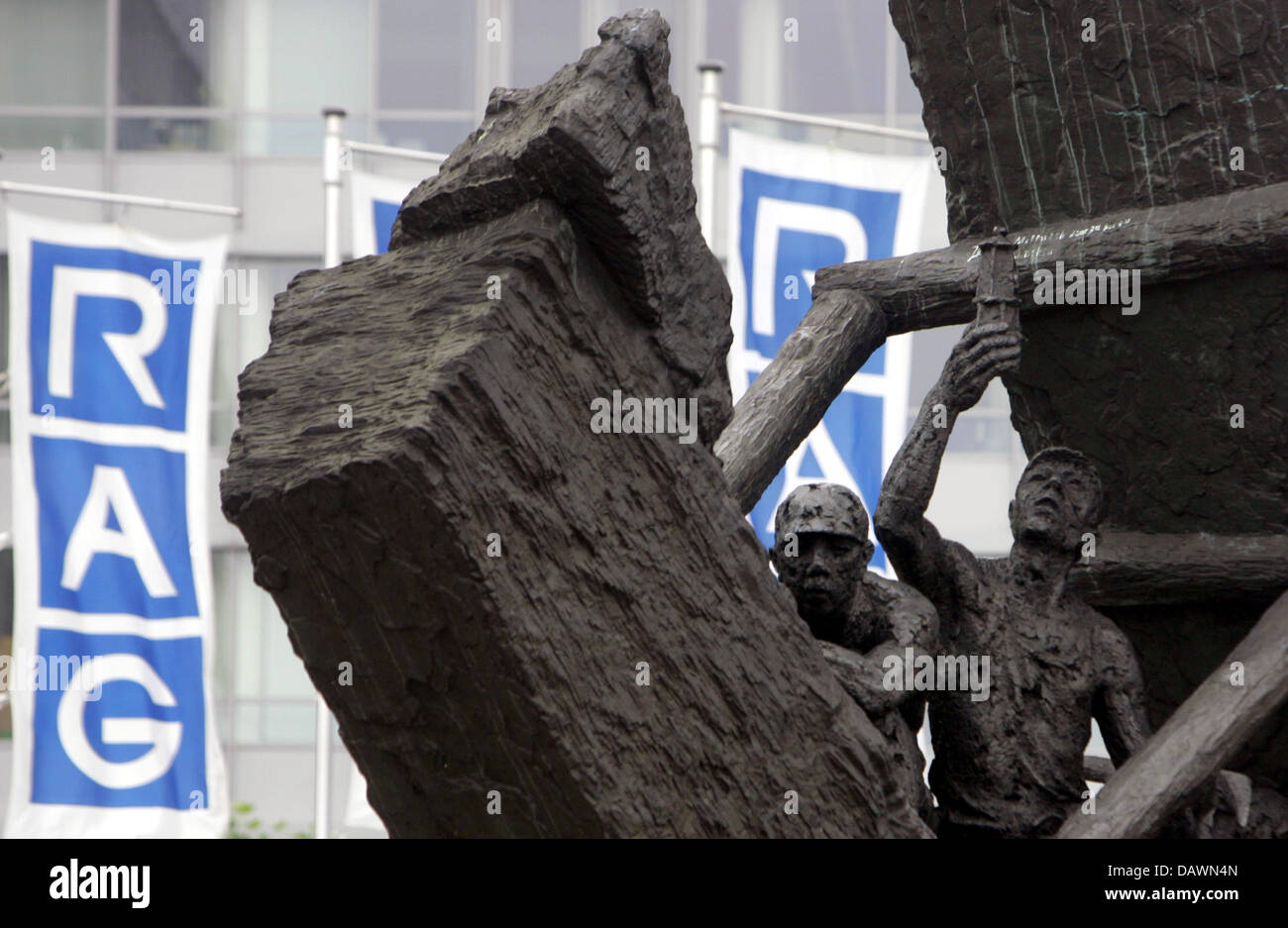 The RAG headquarters are pictured behind an artpiece depicting miners ...