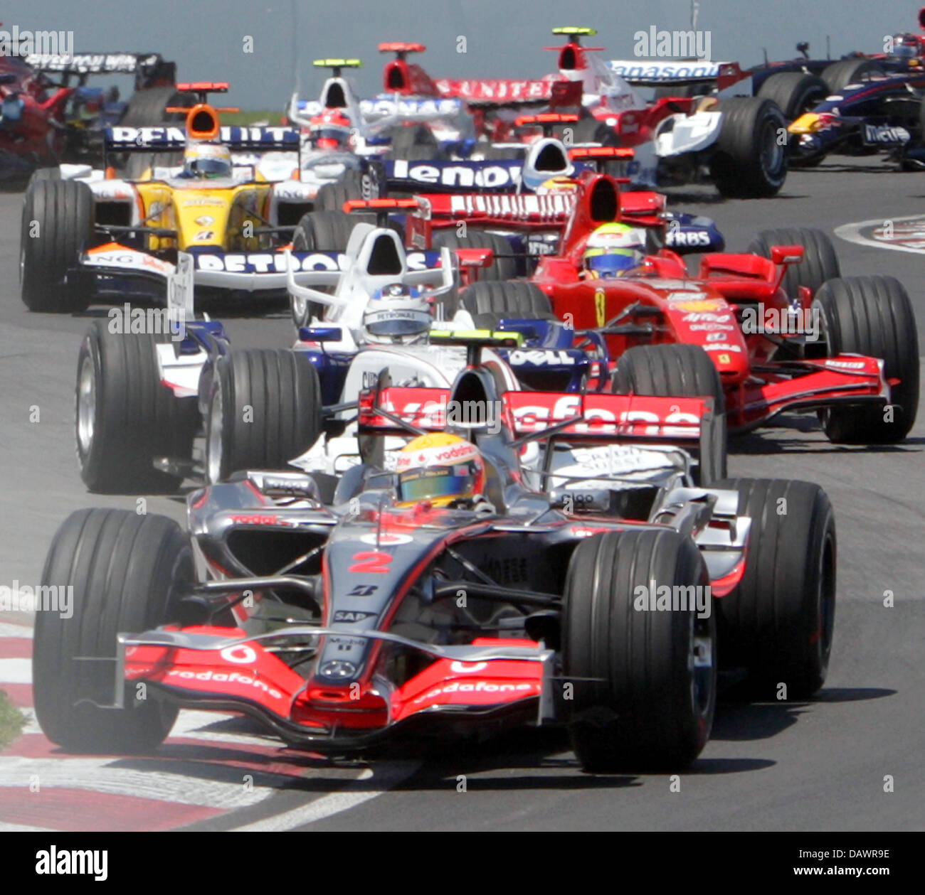 British Formula One rookie Lewis Hamilton of McLaren Mercedes leads the ...