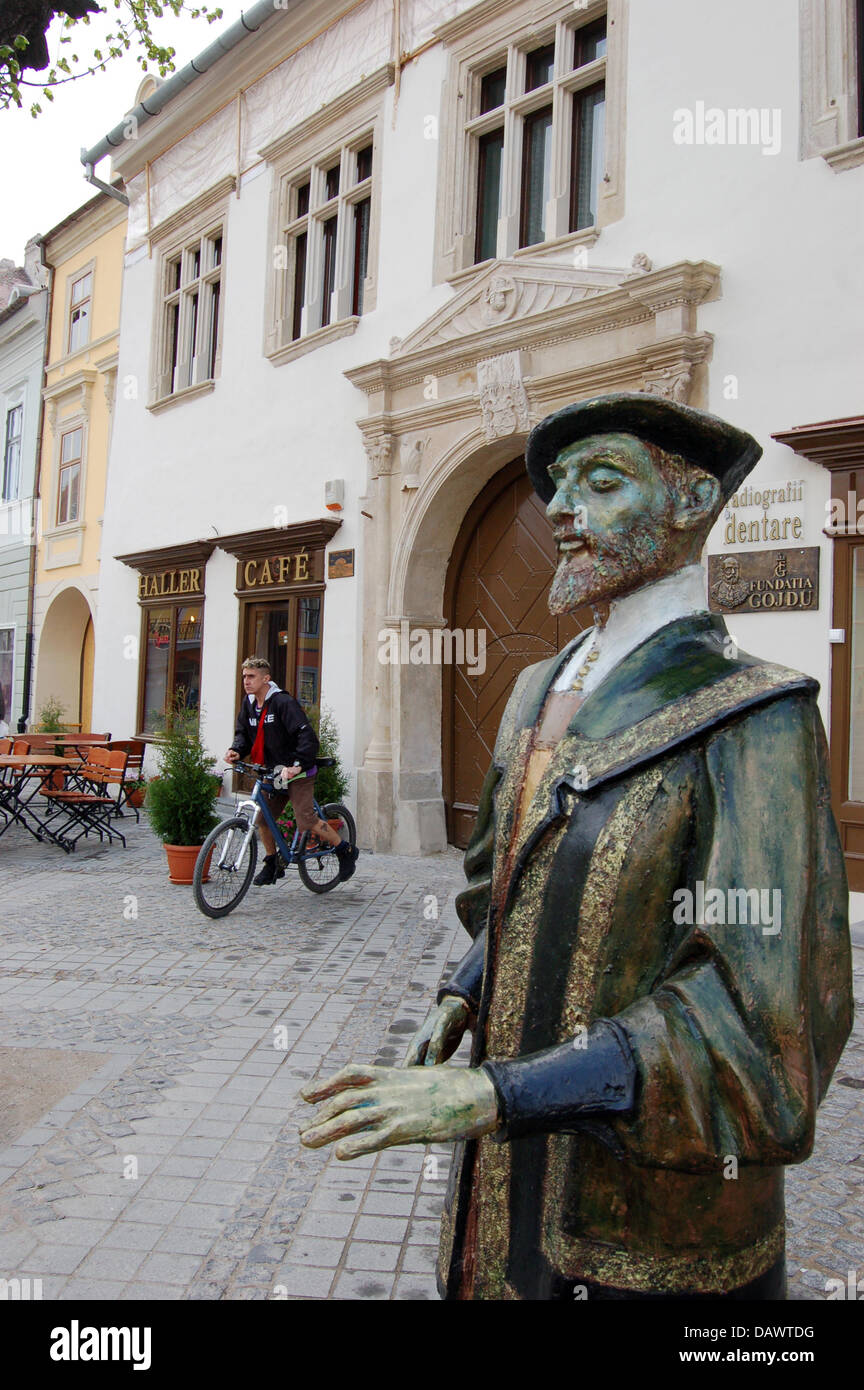 The picture shows live-size statues telling the history of Sibiu ...
