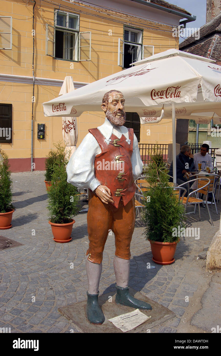 The picture shows live-size statues telling the history of Sibiu ...