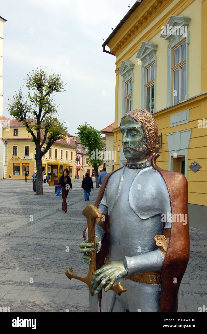 The picture shows live-size statues telling the history of Sibiu ...