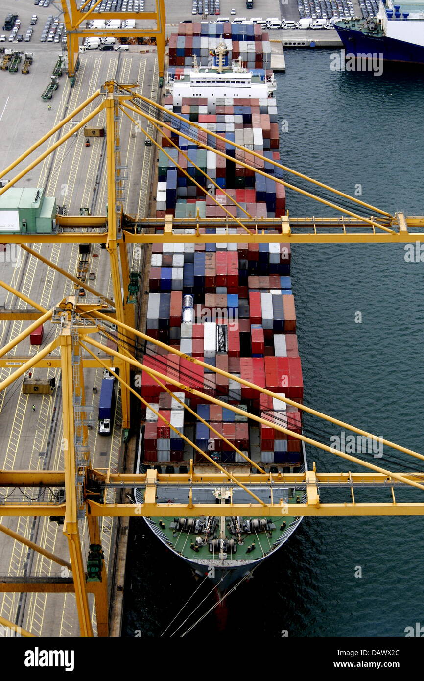 Container are stacked on board a container ship moored at the port in ...