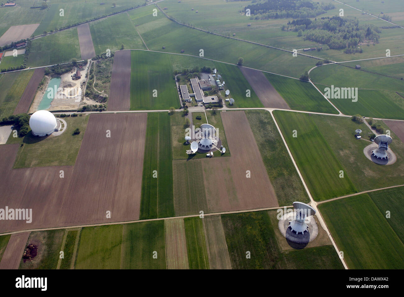 Aerial view on the ground communication station near Raisting, Germany ...