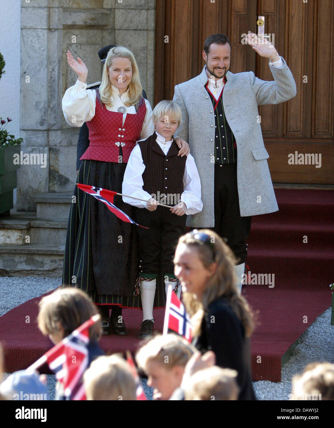 Crown Prince Haakon (R), Crown Princess Mette-Marit and her son Marius ...