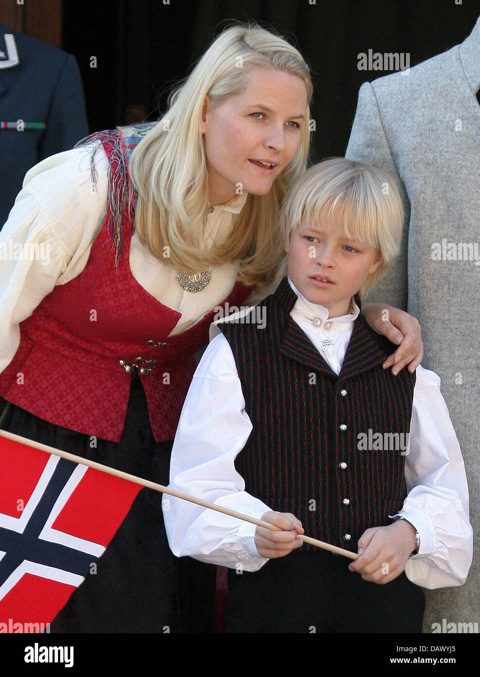 Crown Princess Mette-Marit and her son Marius pose in front of their ...