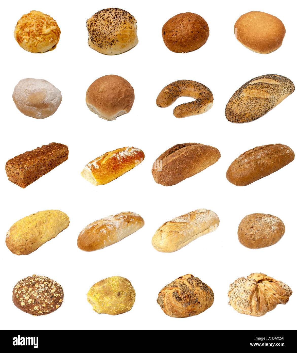 A selection of freshly baked bread and baps isolated on a white ...