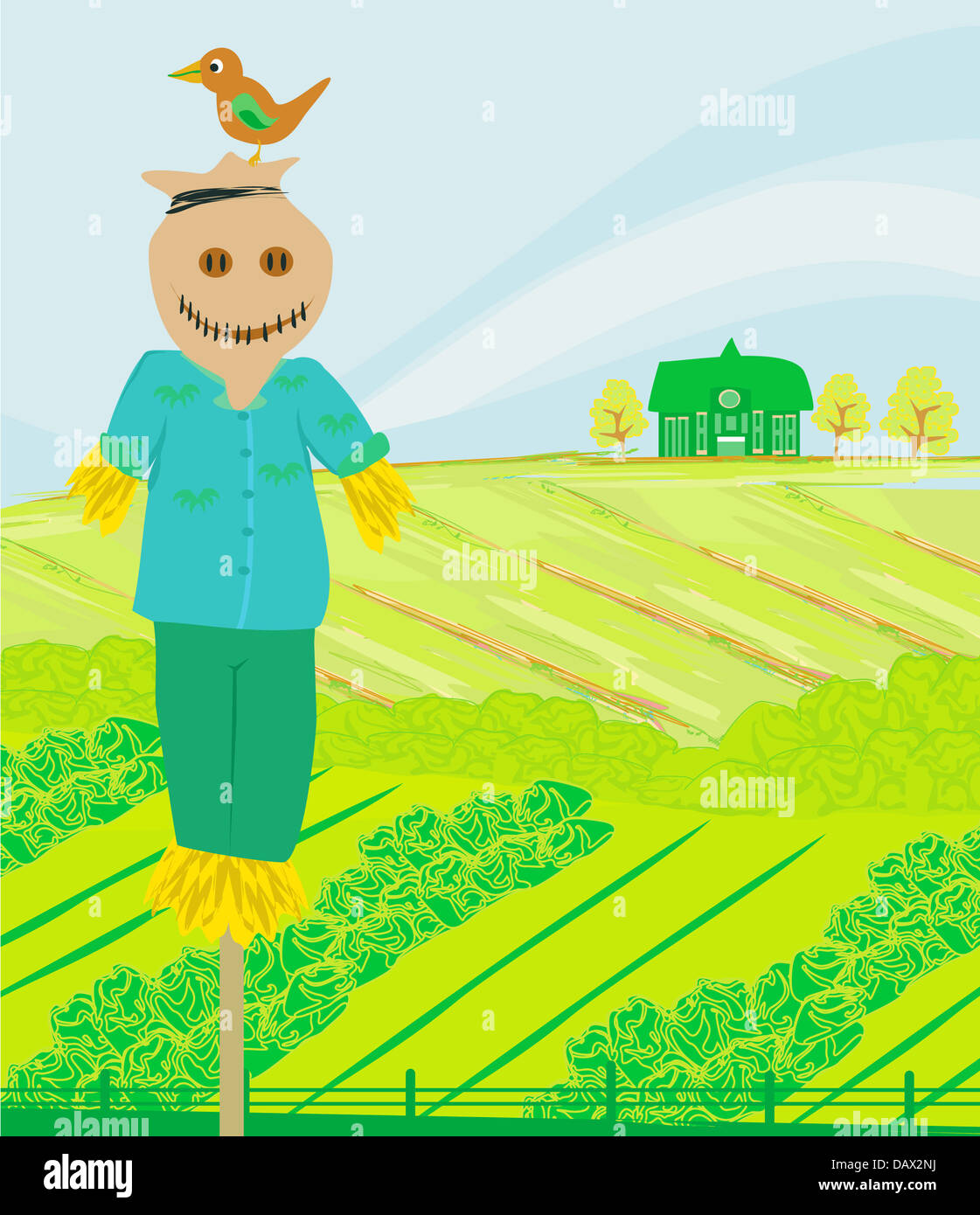illustration of a farm in a beautiful nature Stock Photo - Alamy