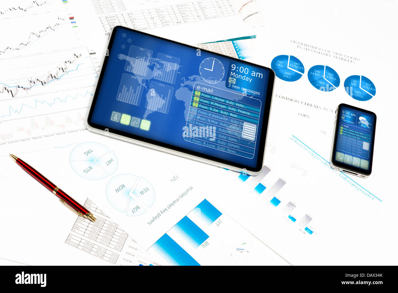 tablet, cell phone and financial documents Stock Photo - Alamy