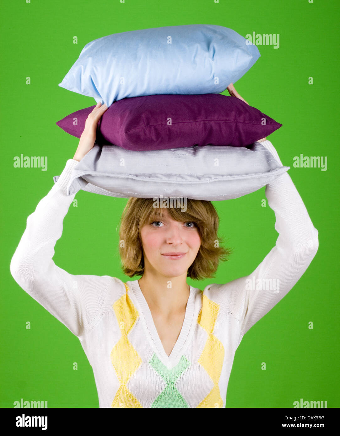 woman with pillows stack Stock Photo - Alamy