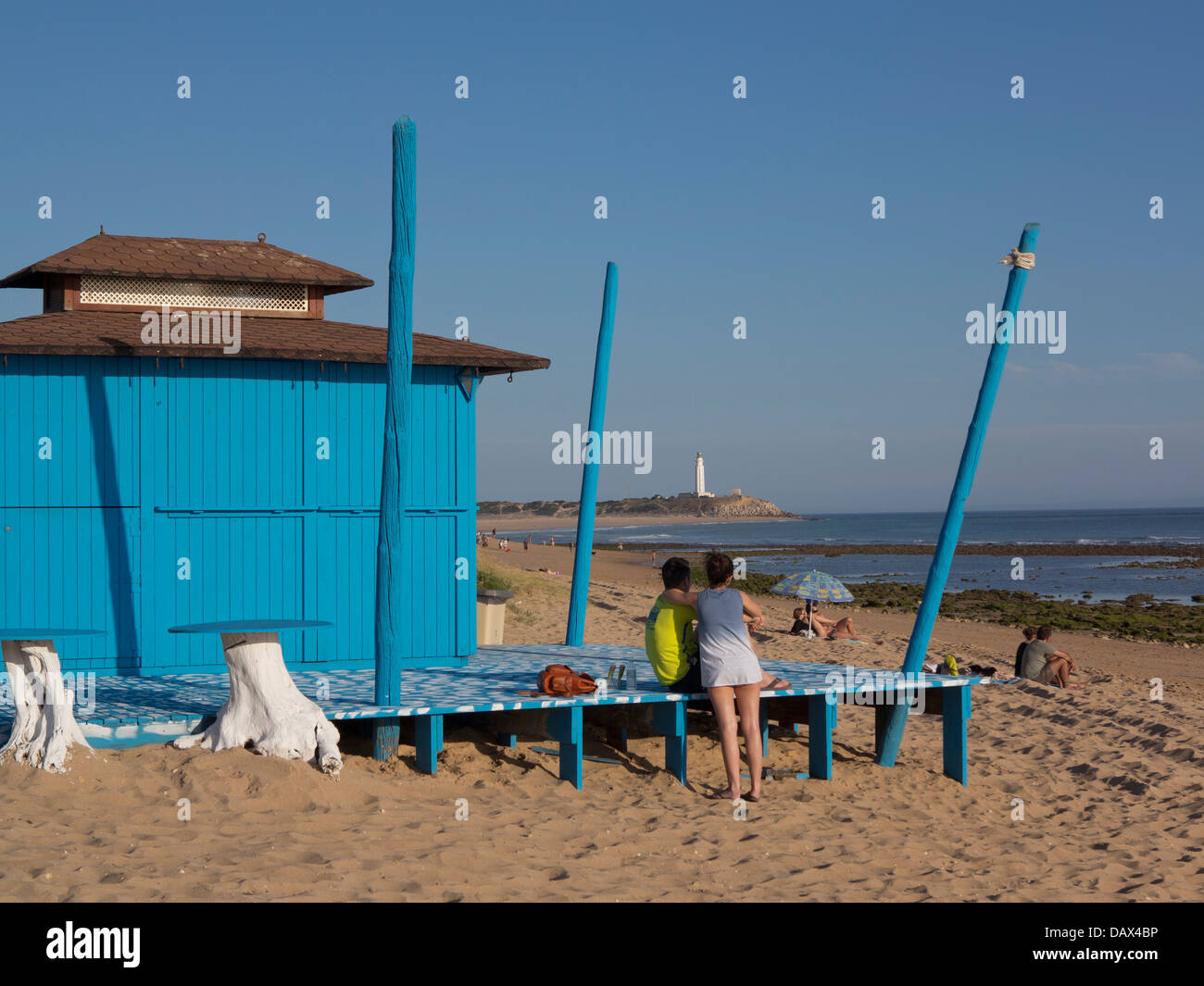 Tourists at the beach at Zahore, near Cape Trafalgar in the Costa de la ...