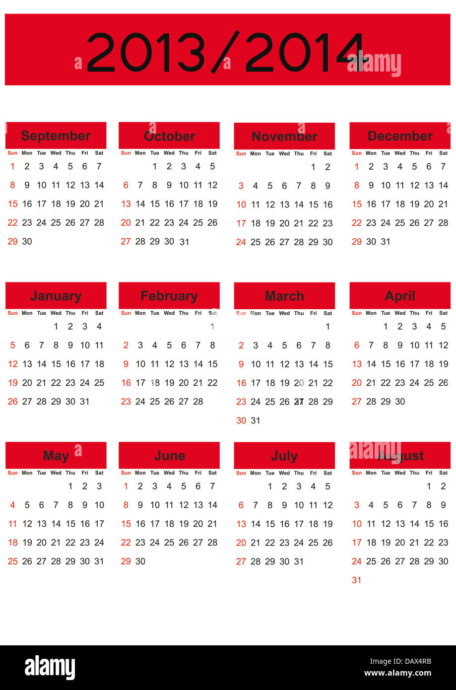 Simple calendar on new school year 2013 and 2014 in red color Stock ...