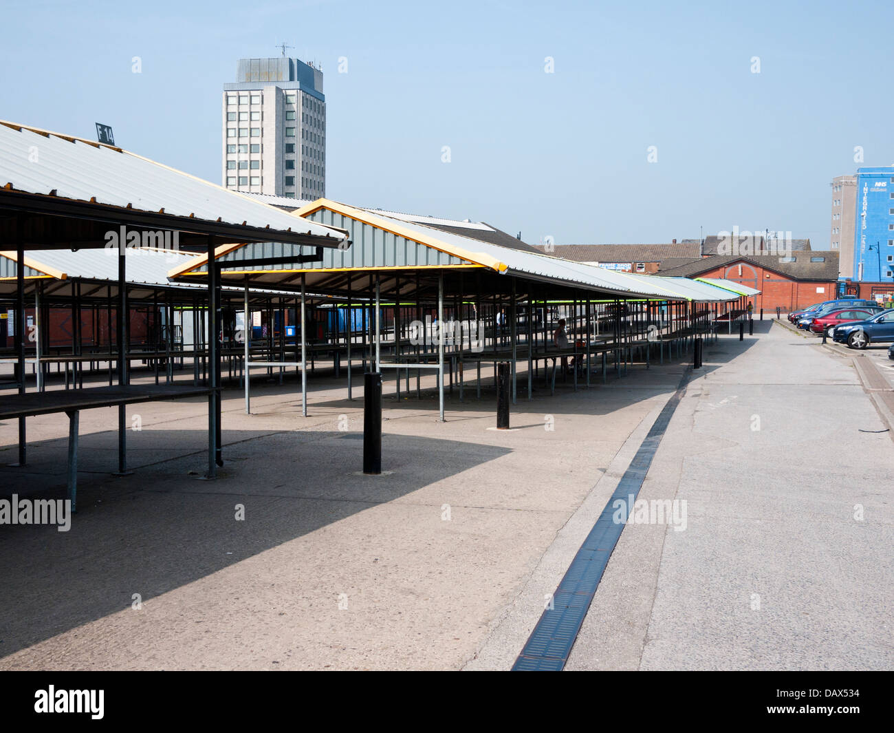 Empty stalls on Oldham Tommyfield market, Oldham, Greater Manchester ...