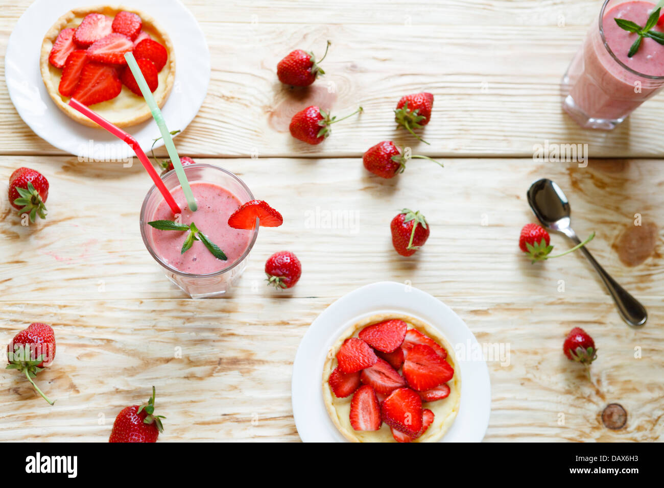 strawberry milkshake and tartlets, top view, food Stock Photo - Alamy