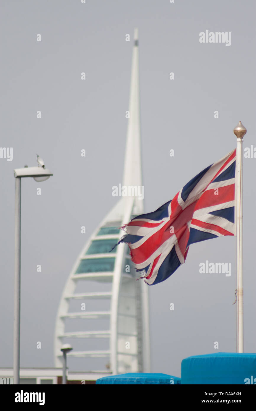 Union Jack flag flies in front of the Spinnaker Tower in Portsmouth ...