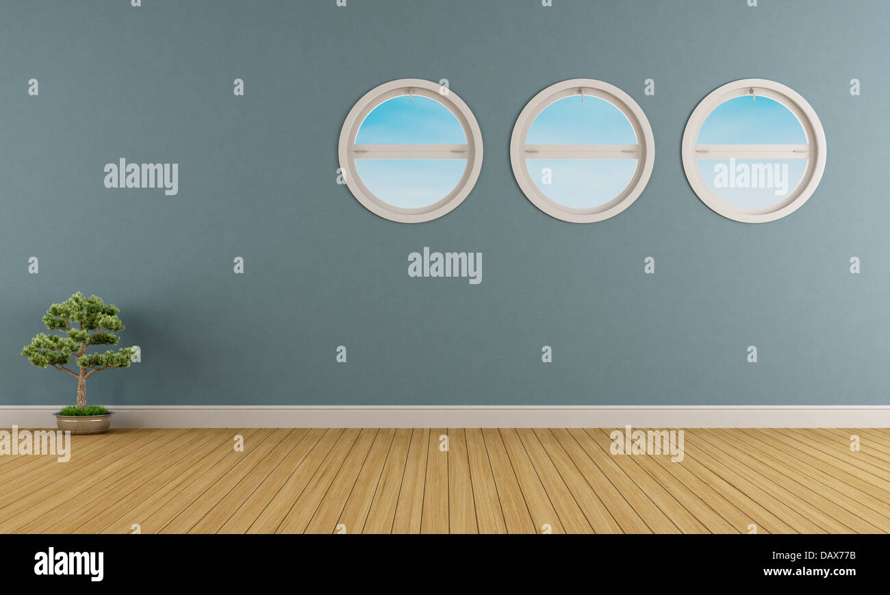 Empty blue interior with three round windows - rendering Stock Photo ...