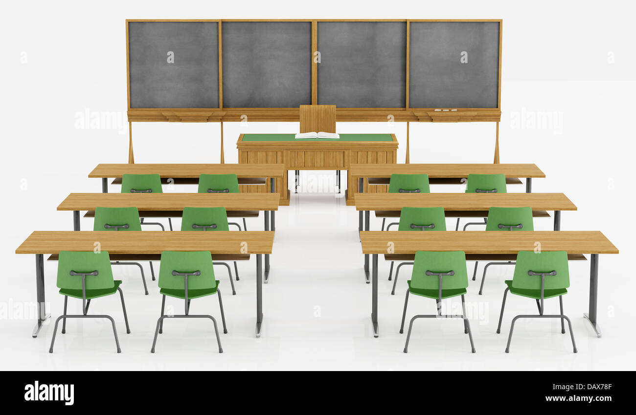 Classroom without student with green chair, desk and blackboard ...