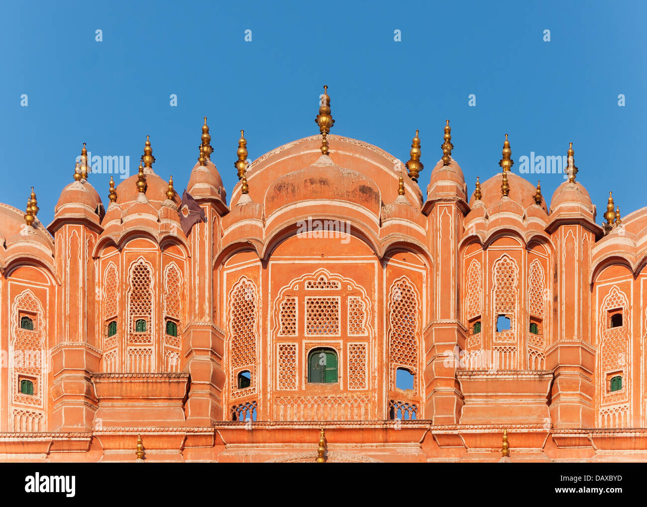 Top level of Jaipur's Winter Palace pictured against blue skies Stock ...