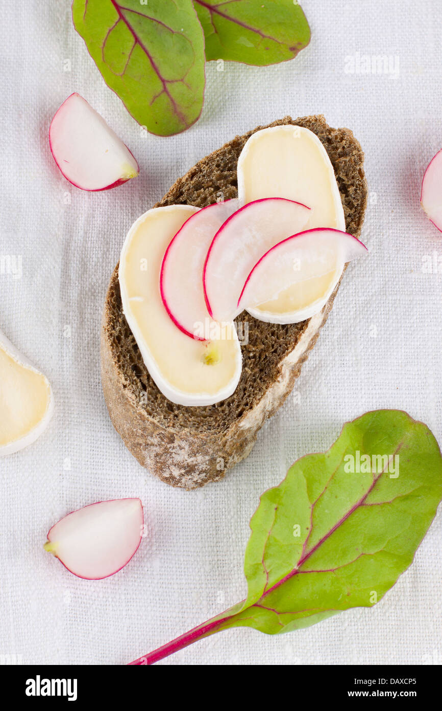Rye bread canape garnished with cheese and slices of radish Stock Photo ...