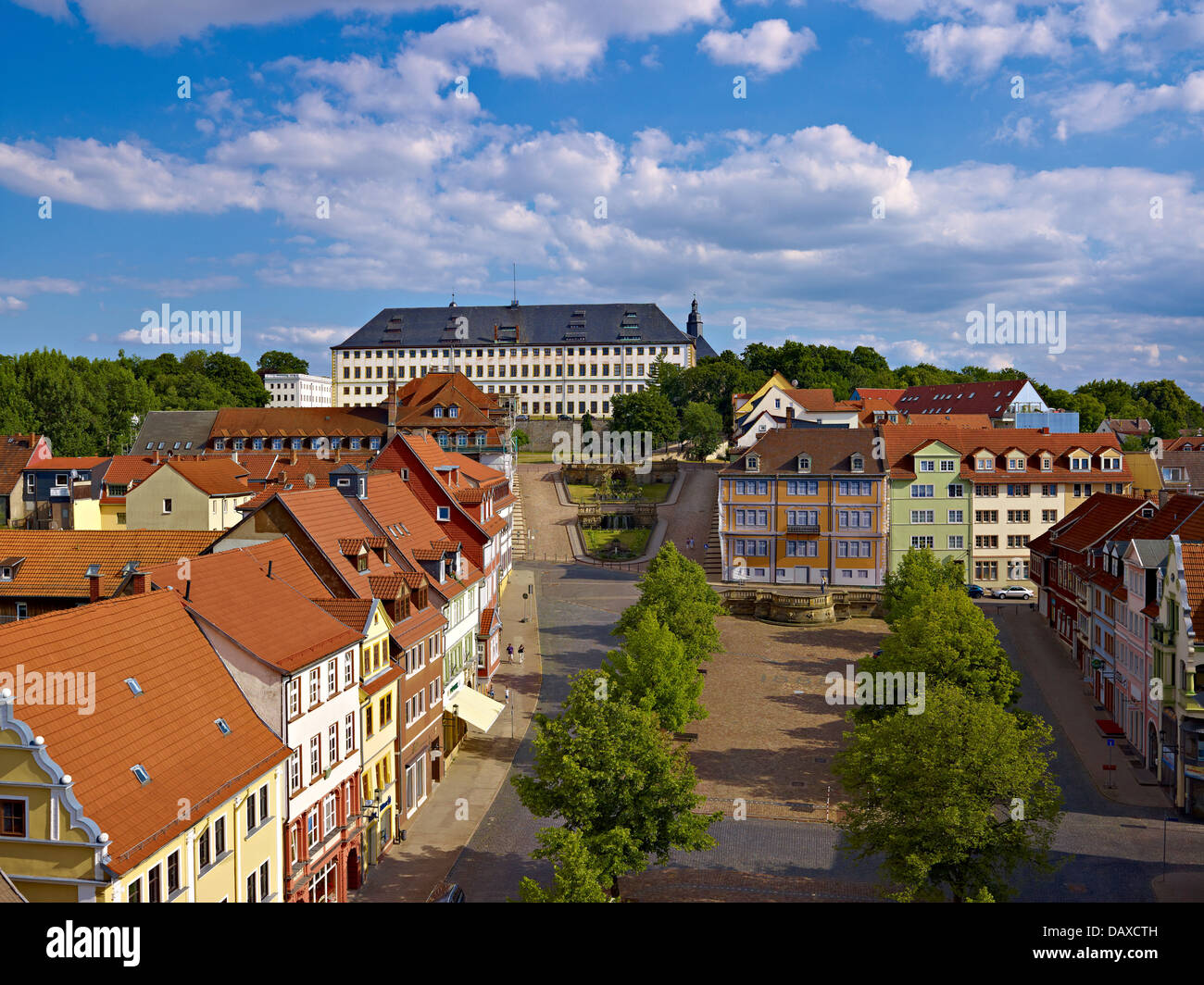 Hauptmarkt with Water Art and Friedenstein Castle, Gotha, Thuringia ...