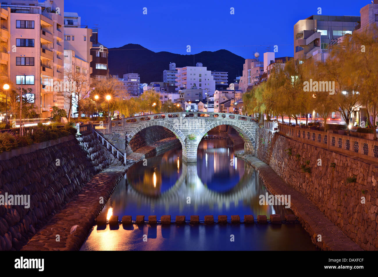 Nagasaki, Japan at the historic Megane "Spectacles" Bridge Stock Photo ...