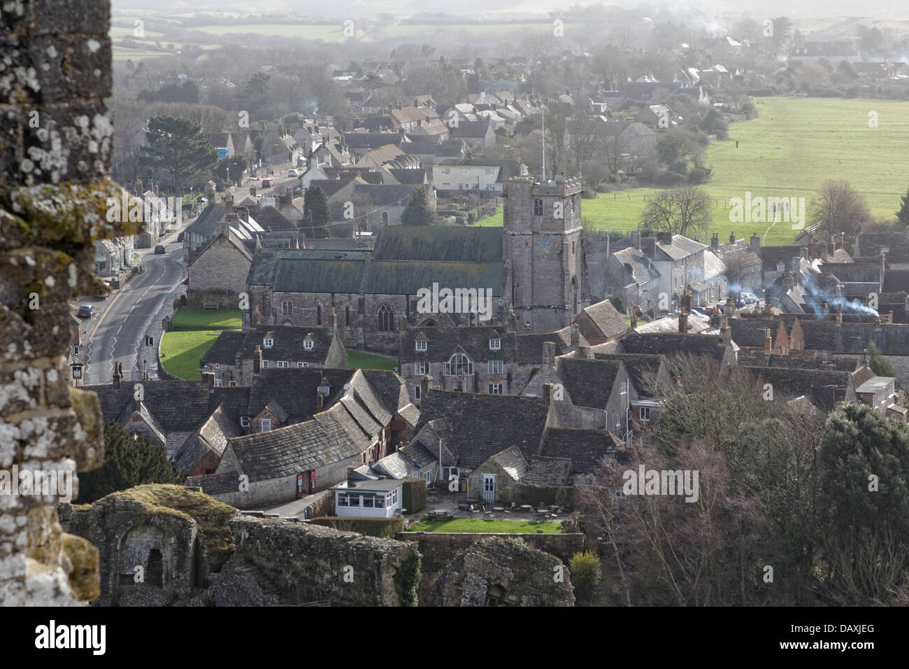 Corfe Village with Church of St Edward the Martyr seen from Corfe ...