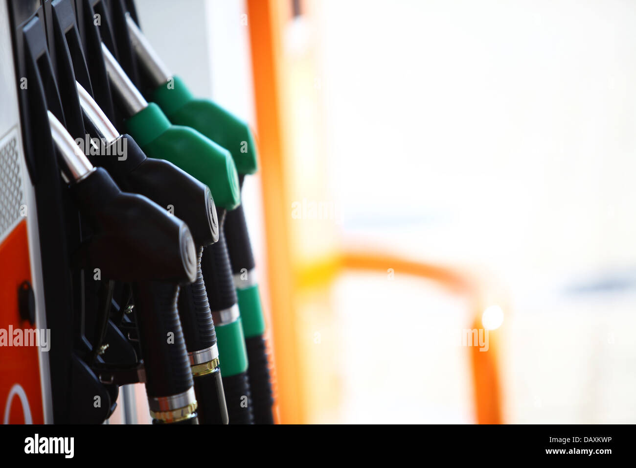 Horizontal shot of some fuel pumps at a gas station Stock Photo - Alamy