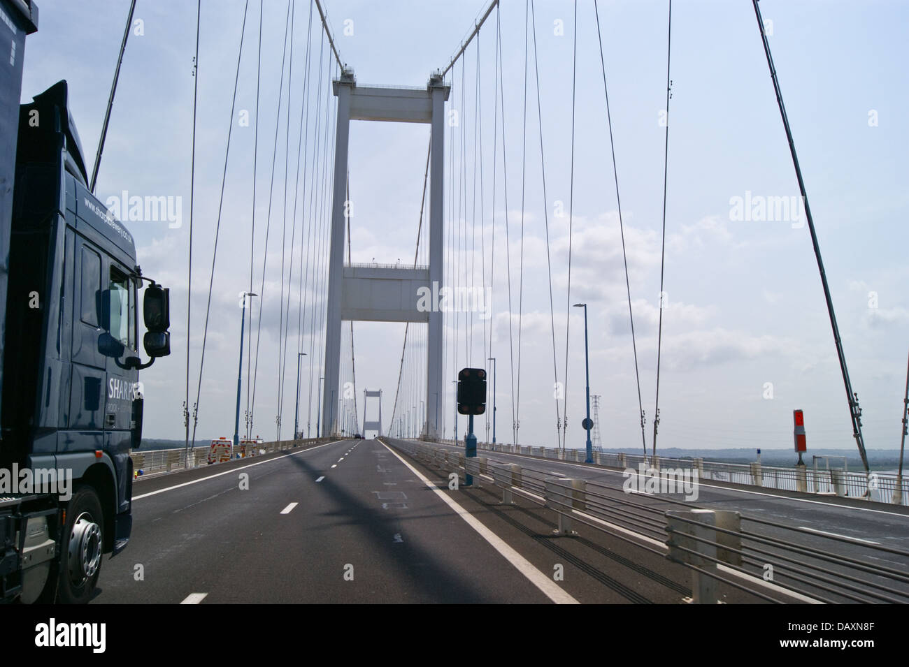 A lorry crossing the Severn Bridge, 1966, between Somerset, England and ...