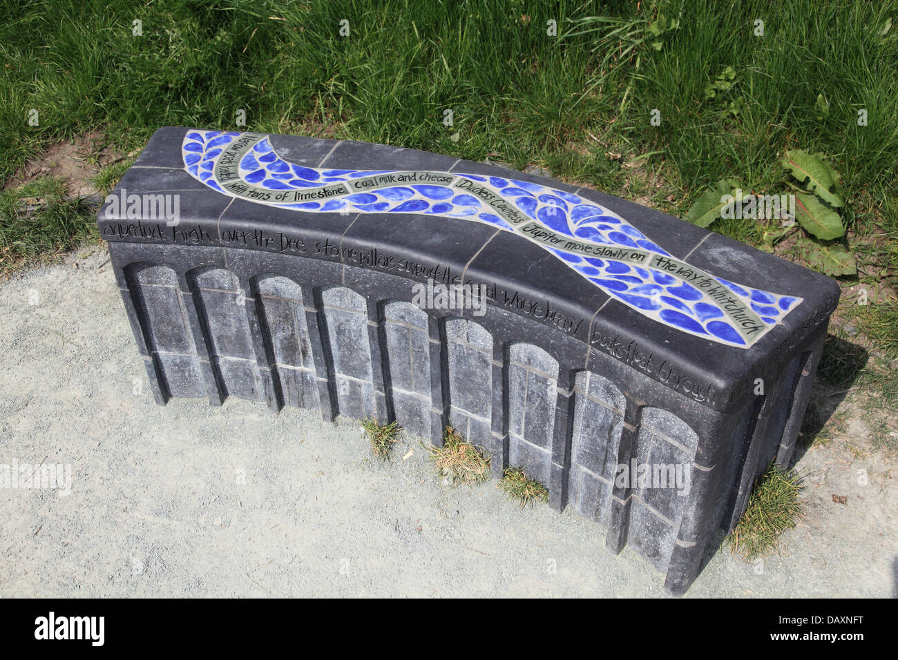 A bench sculpture at Ellesmere representing Pontcysyllte Aqueduct which ...