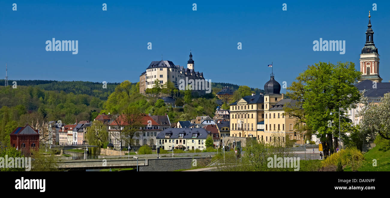 Upper and Lower Palace with church tower, Greiz, Thuringia, Germany ...