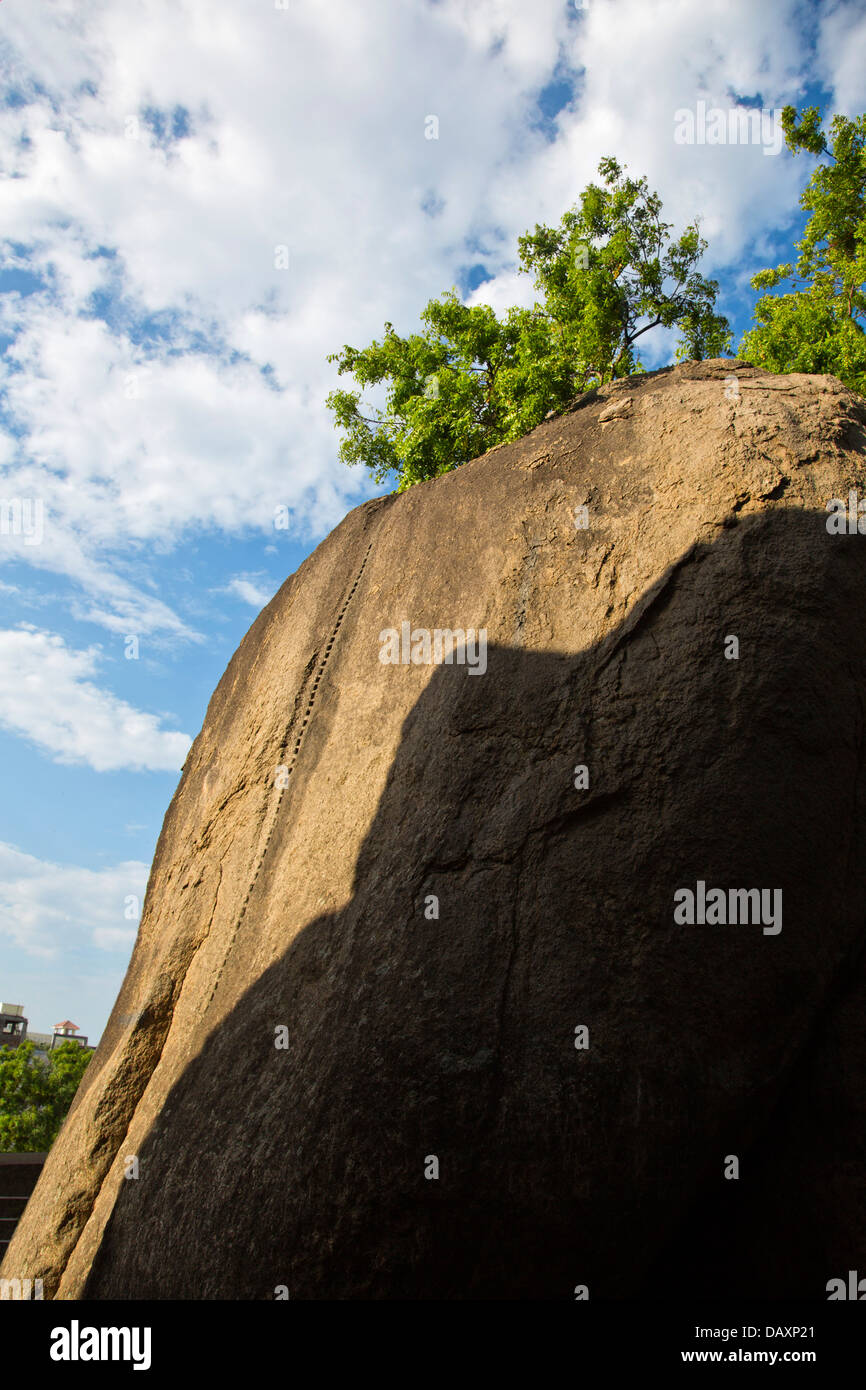 Low angle view of a rock, Krishna's Butter Ball, Mahabalipuram ...
