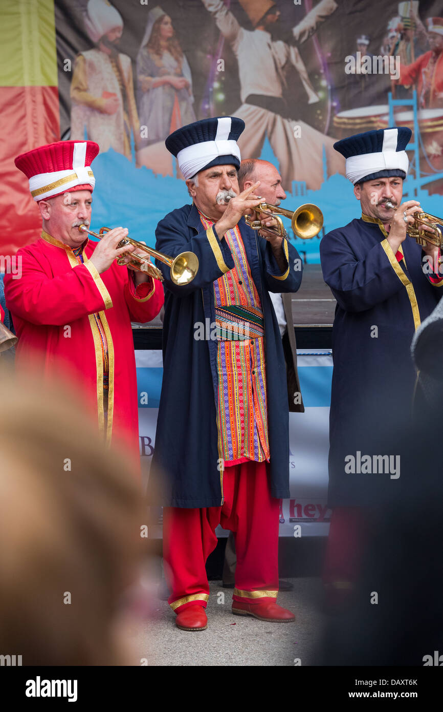 Traditional Ottoman army band members perform at trumpets during the ...