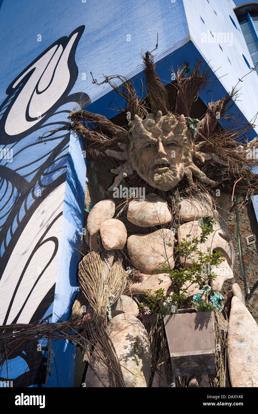 UK, England, Birmingham, Custard Factory, sculpture on wall of retail ...