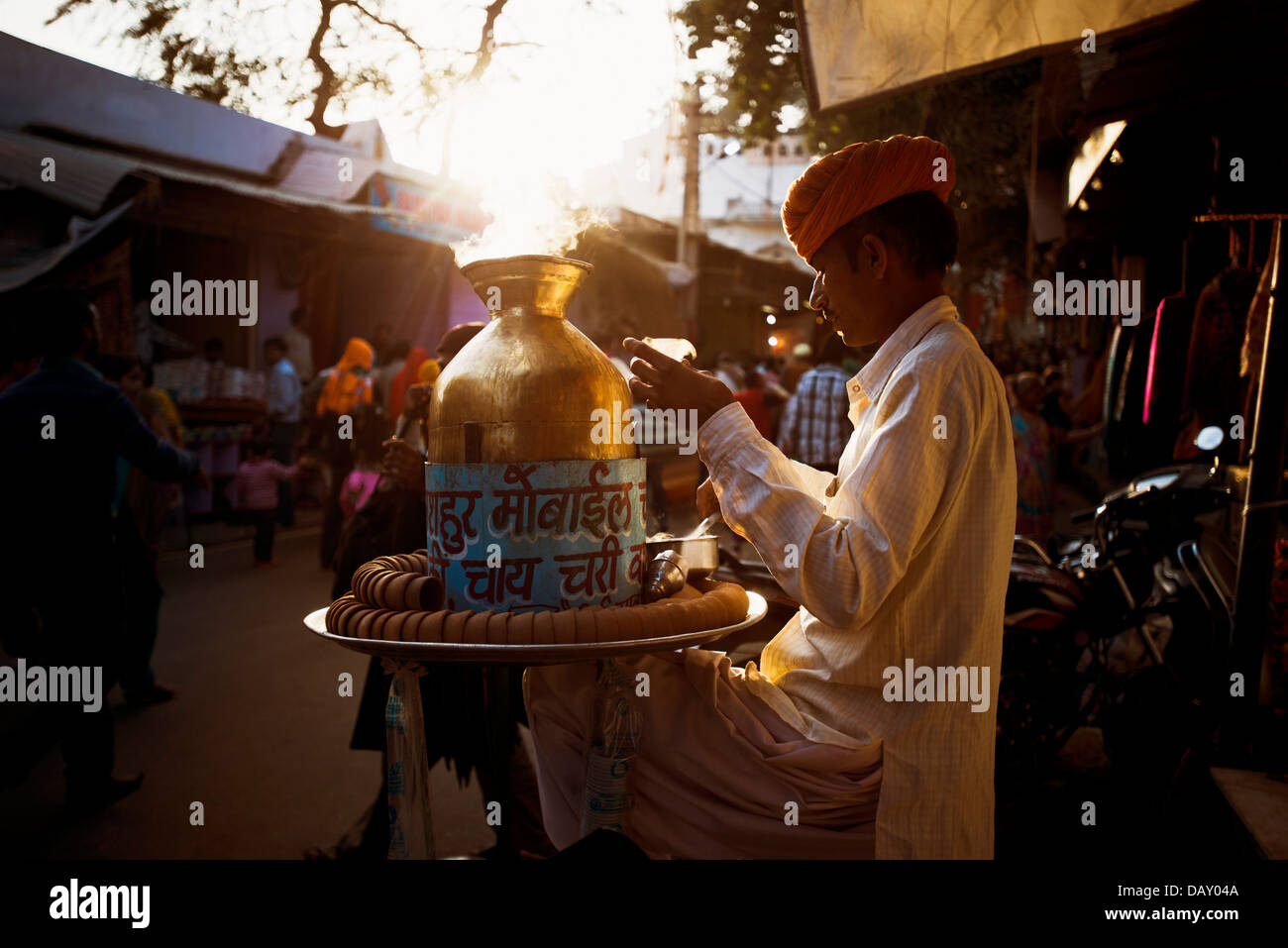 Tea vendor in a market, Pushkar, Ajmer, Rajasthan, India Stock Photo ...