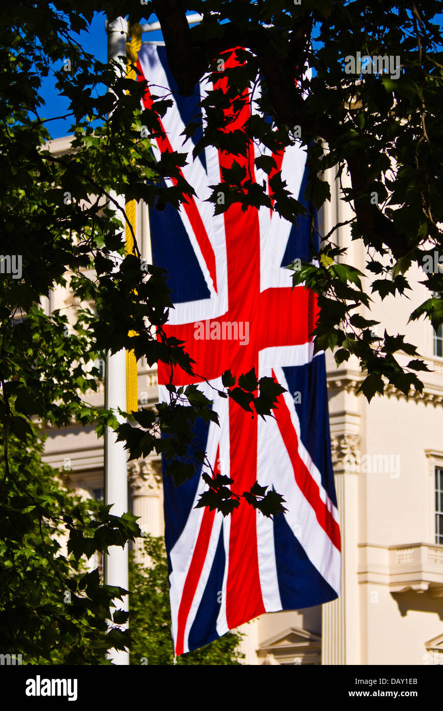 Union jack flag flying between the trees in The Mall, London Stock ...