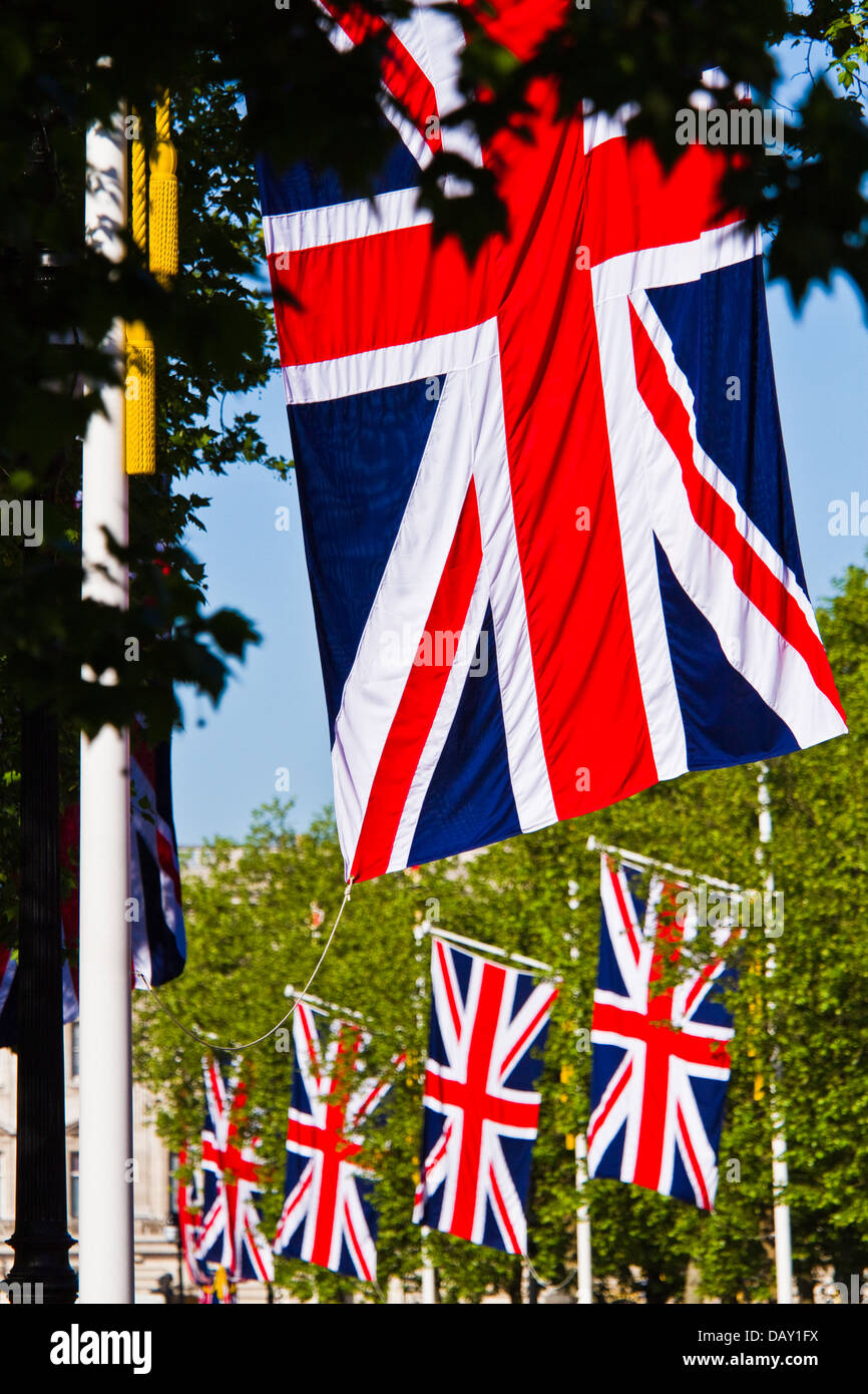 Union jack flags flying between the trees in The Mall, London Stock ...